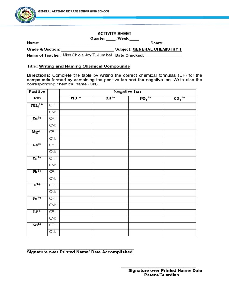 Chem 1 Activity Sheet 4 | PDF