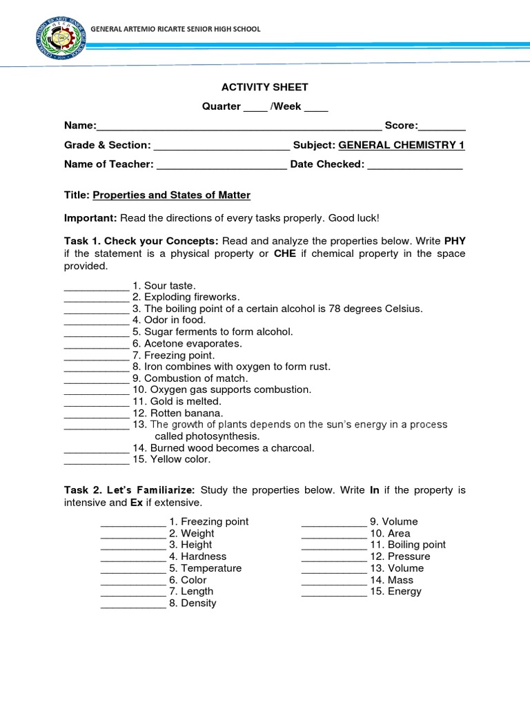 Chem 1 Activity Sheet 1 | PDF | Matter | Gases