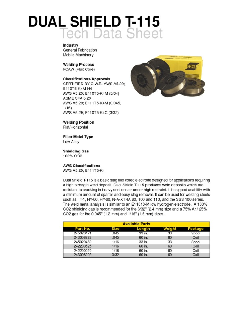 Tech Data Sheet: Dual Shield T-115 | PDF | Construction | Welding