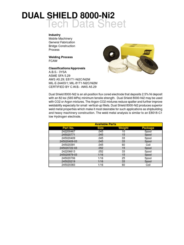 Tech Data Sheet: DUAL SHIELD 8000-Ni2 | PDF | Construction | Welding