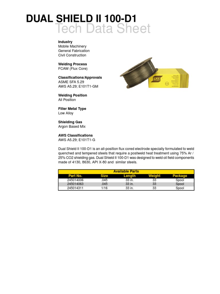 Tech Data Sheet: Dual Shield Ii 100-D1 | PDF | Strength Of Materials ...