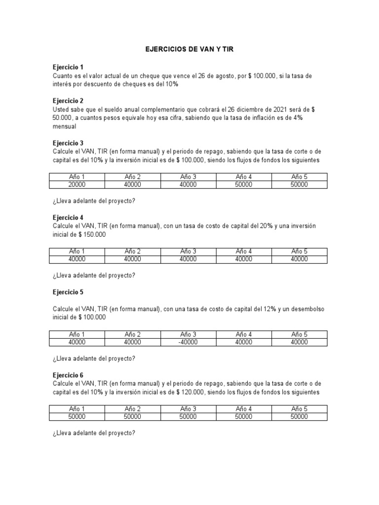 Ejercicios de Van y Tir | PDF | Economias | Dinero