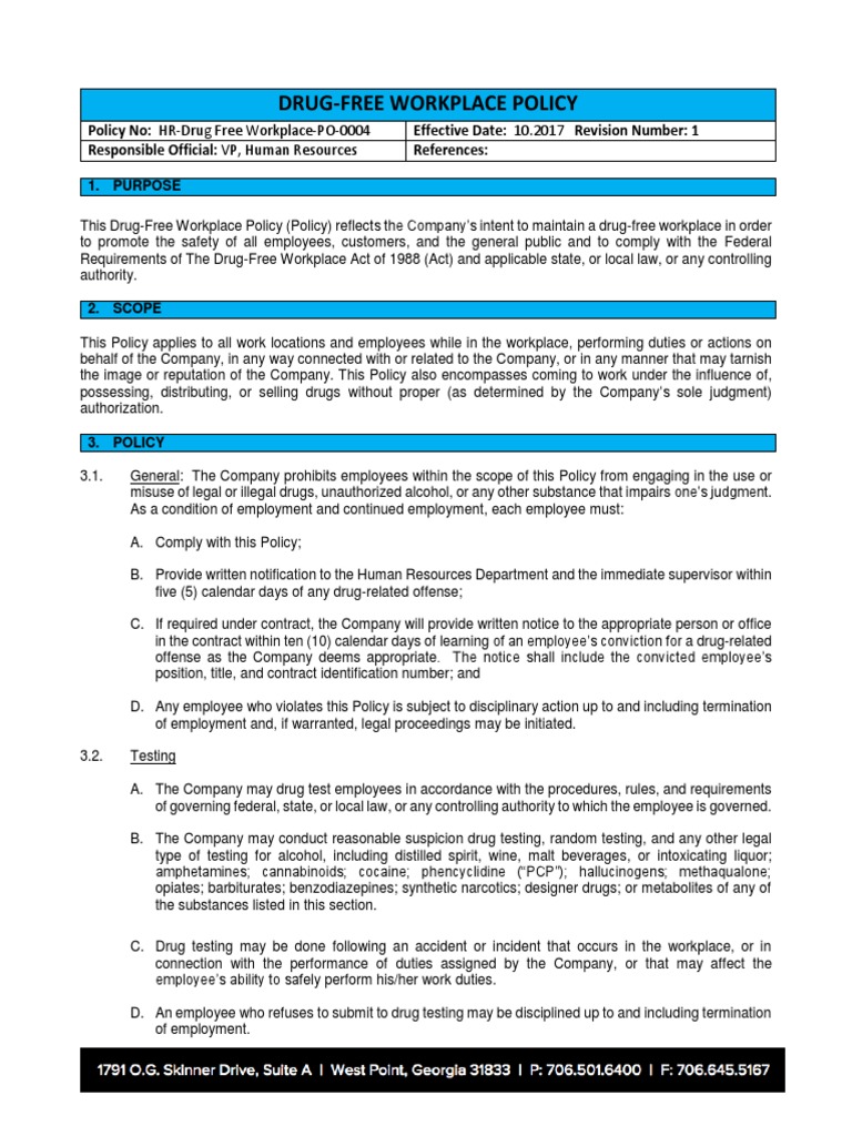 Drug Free Workplace 10.2017 Generic | PDF | Substance Abuse ...