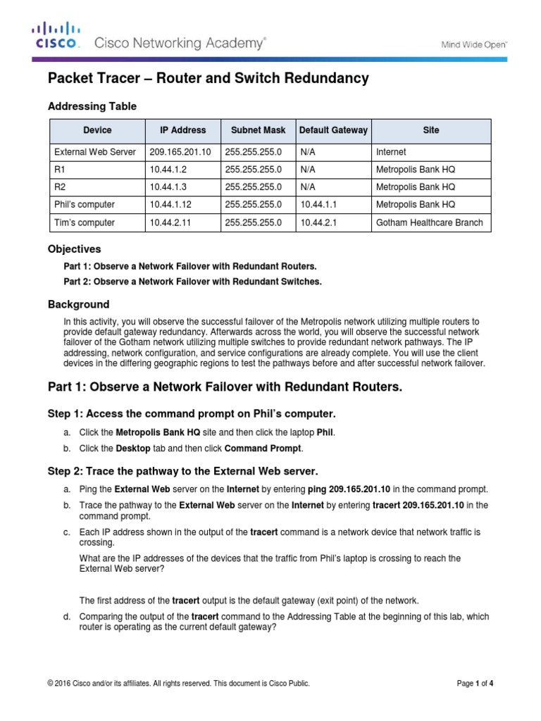 6.2.3.8 Packet Tracer - Router and Switch Redundancy | PDF | Router ...