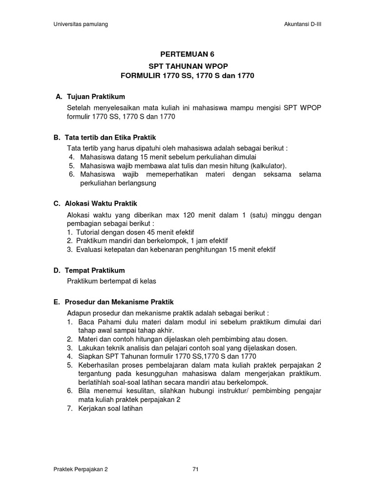 Pengisian SPT Tahunan Wajib Pajak Orang Pribadi (WPOP) Formulir 1770 SS, 1770 S dan 1770 | PDF
