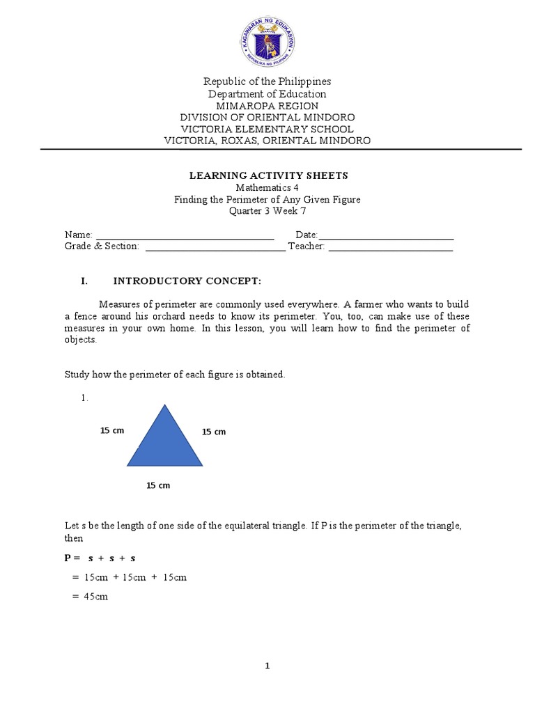 Math4 - Q3LAS7 ACTIVITY SHEETS | PDF | Triangle | Length