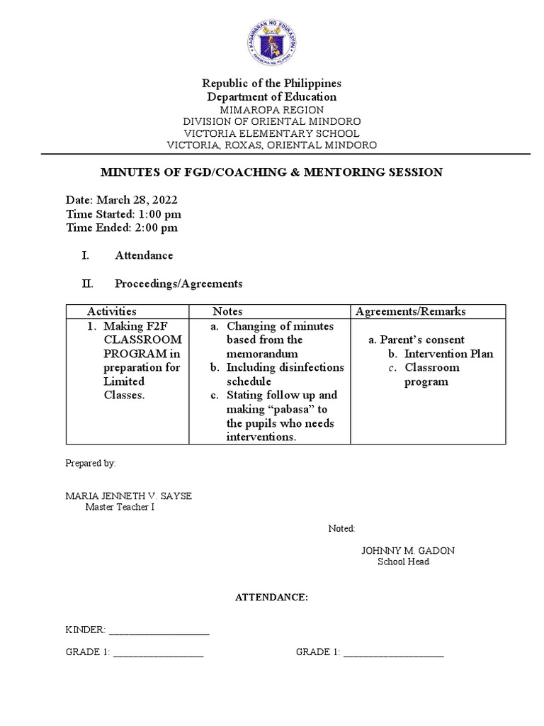 Minutes of Fgd/Coaching & Mentoring Session | PDF