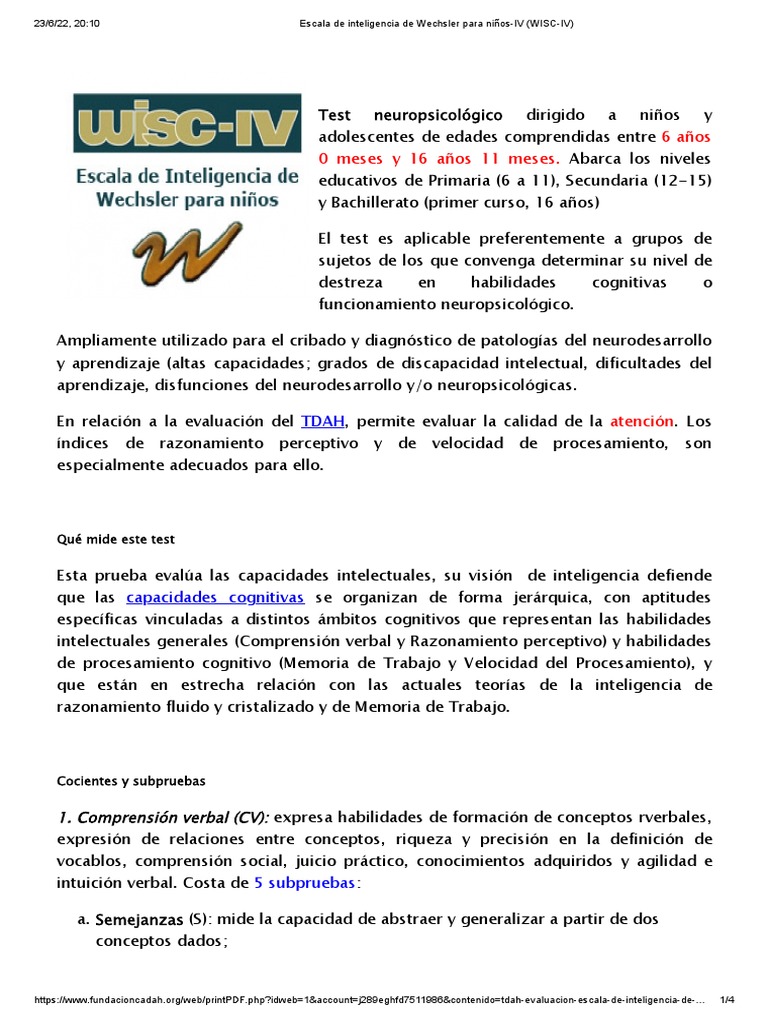 Escala de Inteligencia de Wechsler para Niños-IV (WISC-IV) | PDF ...