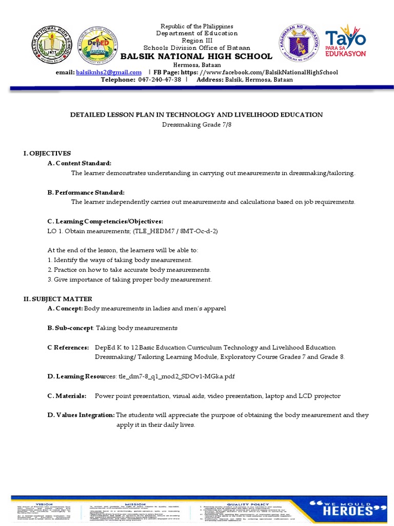 Detailed Lesson Plan Module 2 Taking Body Measurements 1 | PDF ...