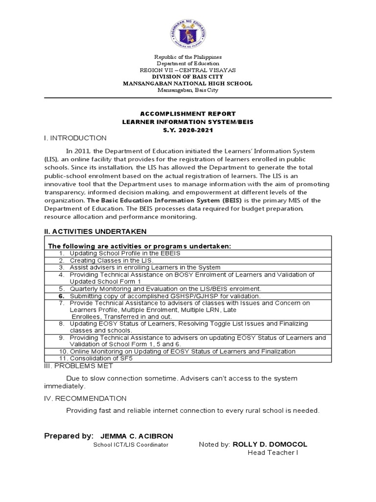 ACCOMPLISHMENT REPORT LIS-EBEIS | PDF
