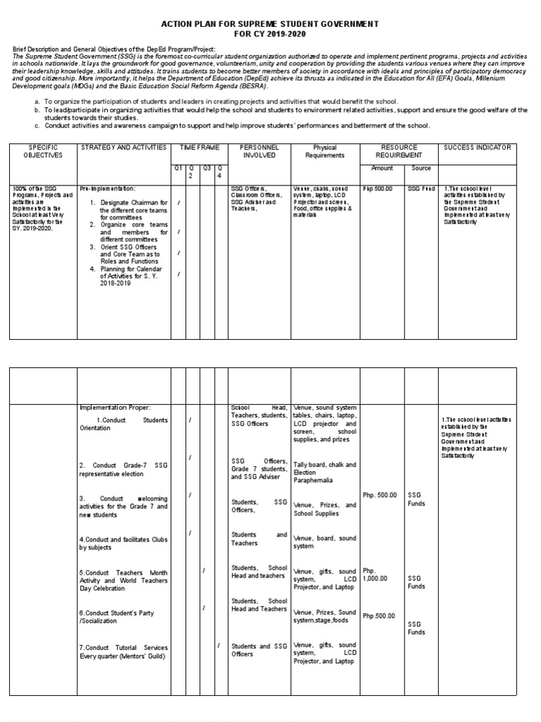Action Plan For SSG | PDF