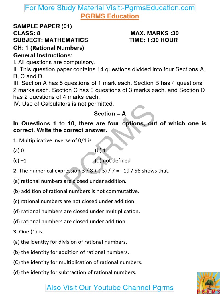 Class 8 Maths Chapter 1 Test Paper 01 | PDF | Multiplication | Rational ...