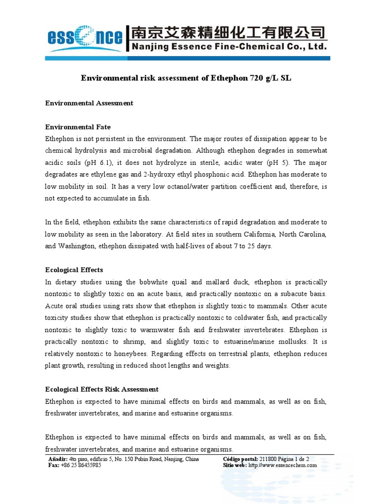 Ethephon Environmental Risk Assessment | PDF | Wetland | Risk