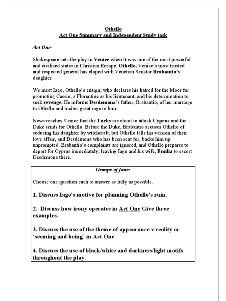 Othello Act 1 Summary & Study Task | PDF | Othello | Iago