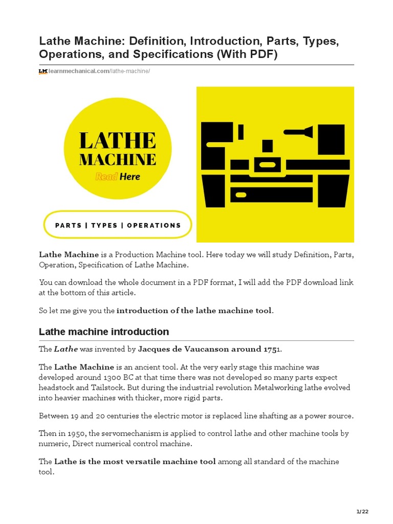 Lathe Machine: Definition, Introduction, Parts, Types, Operations, and Specifications (With PDF ...