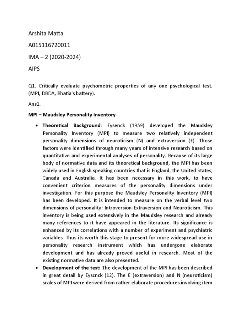 Arshita Matta - 0011 - Psychometric Assignment 3 | PDF | Extraversion ...