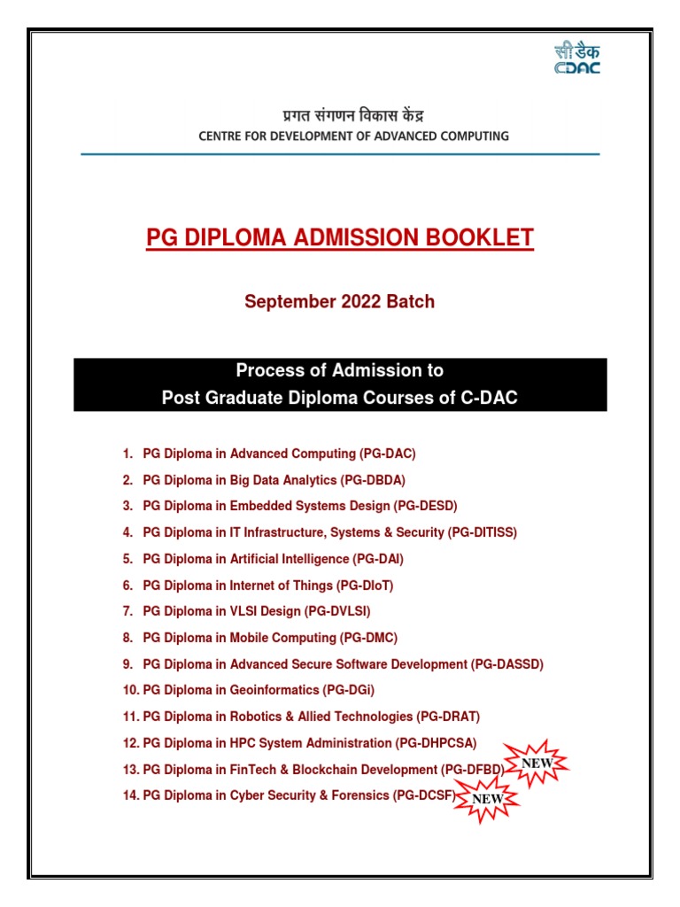 PG Diploma Admission Booklet: Process of Admission To Post Graduate Diploma Courses of C-DAC ...