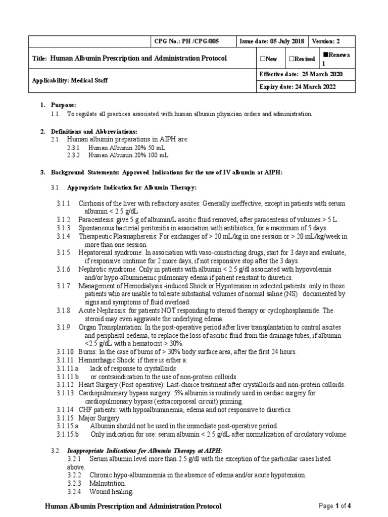 Human Albumin Administration Guidelines | PDF | Intravenous Therapy ...