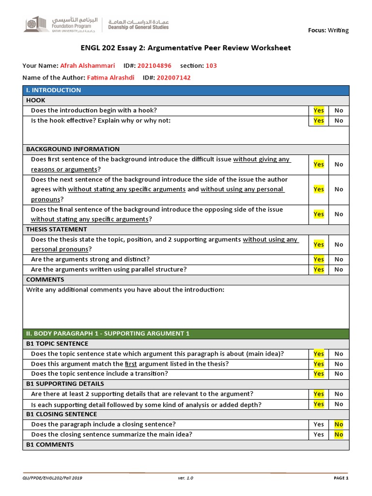 ENGL 202 Essay 2: Argumentative Peer Review Worksheet: Afrah Alshammari ...
