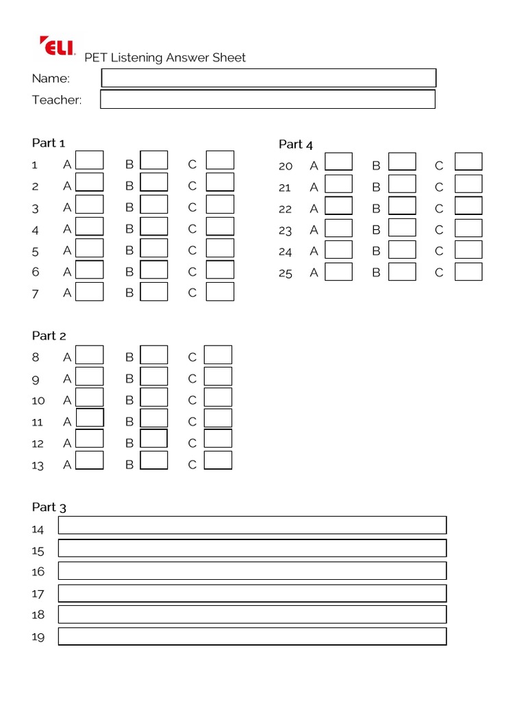 PET Listening Answer Sheet | PDF