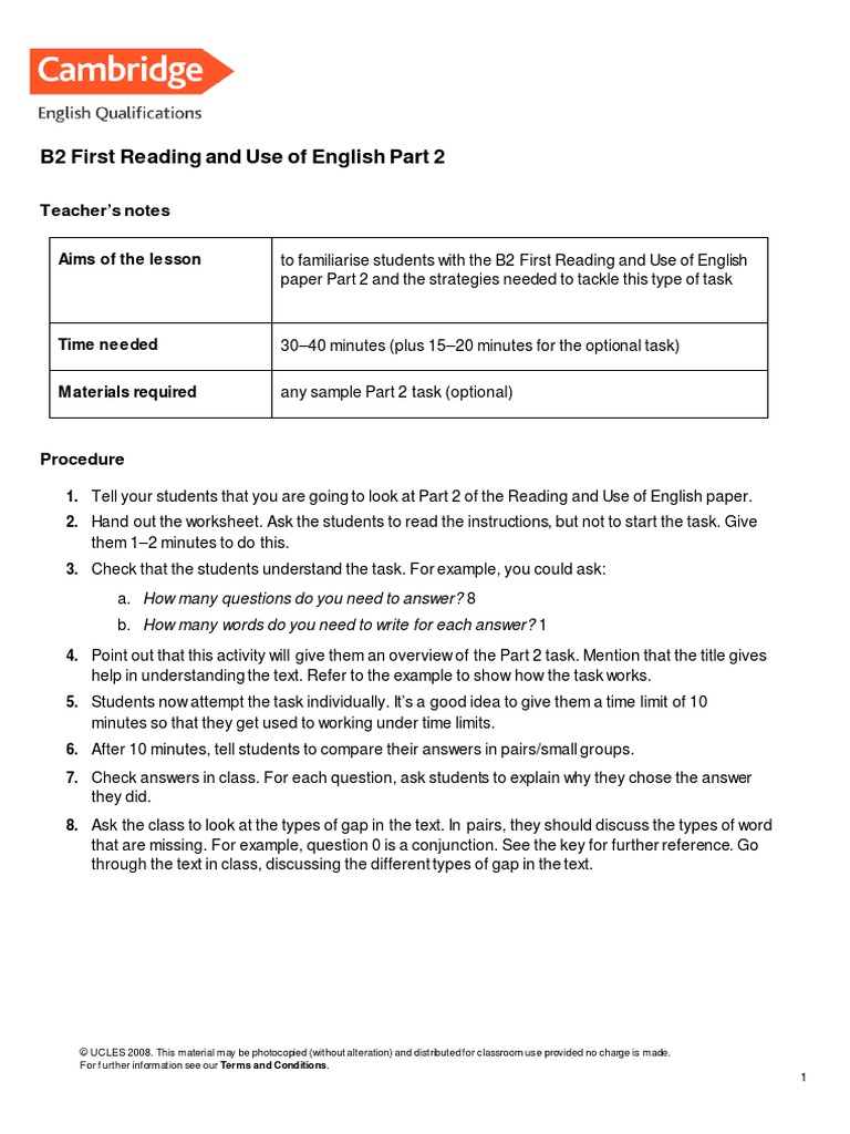 B2 First Reading and Use of English Part 2: Teacher's Notes | PDF ...