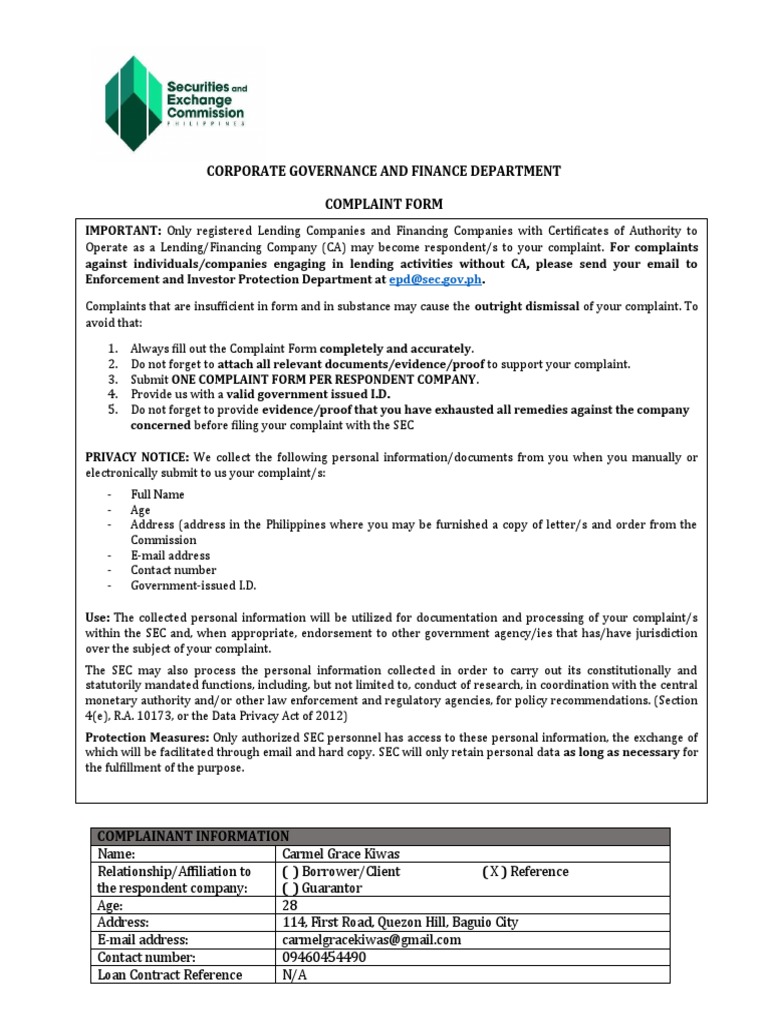 Corporate Governance and Finance Department Complaint Form: Epd@sec ...