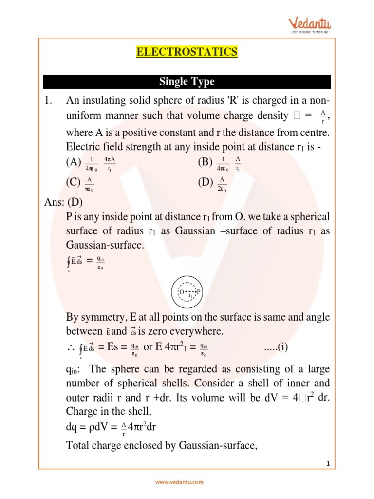 JEE Advanced Electrostatics Important Questions | PDF | Capacitor | Sphere