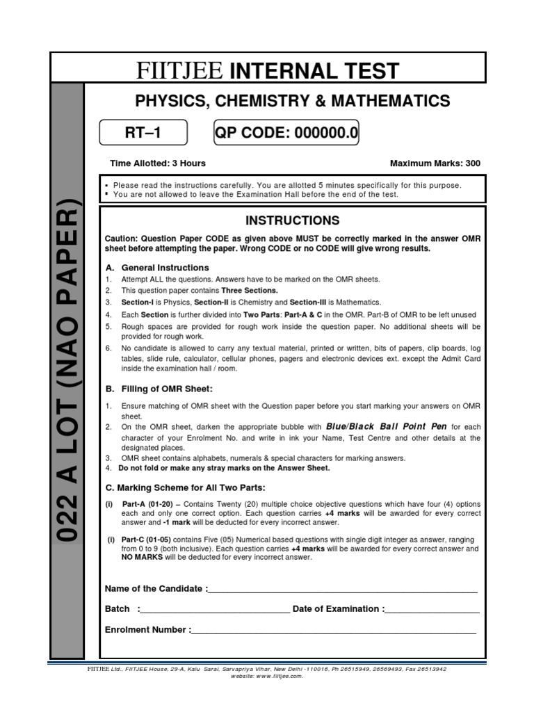 Fiitjee: Internal Test | PDF | Velocity | Waves