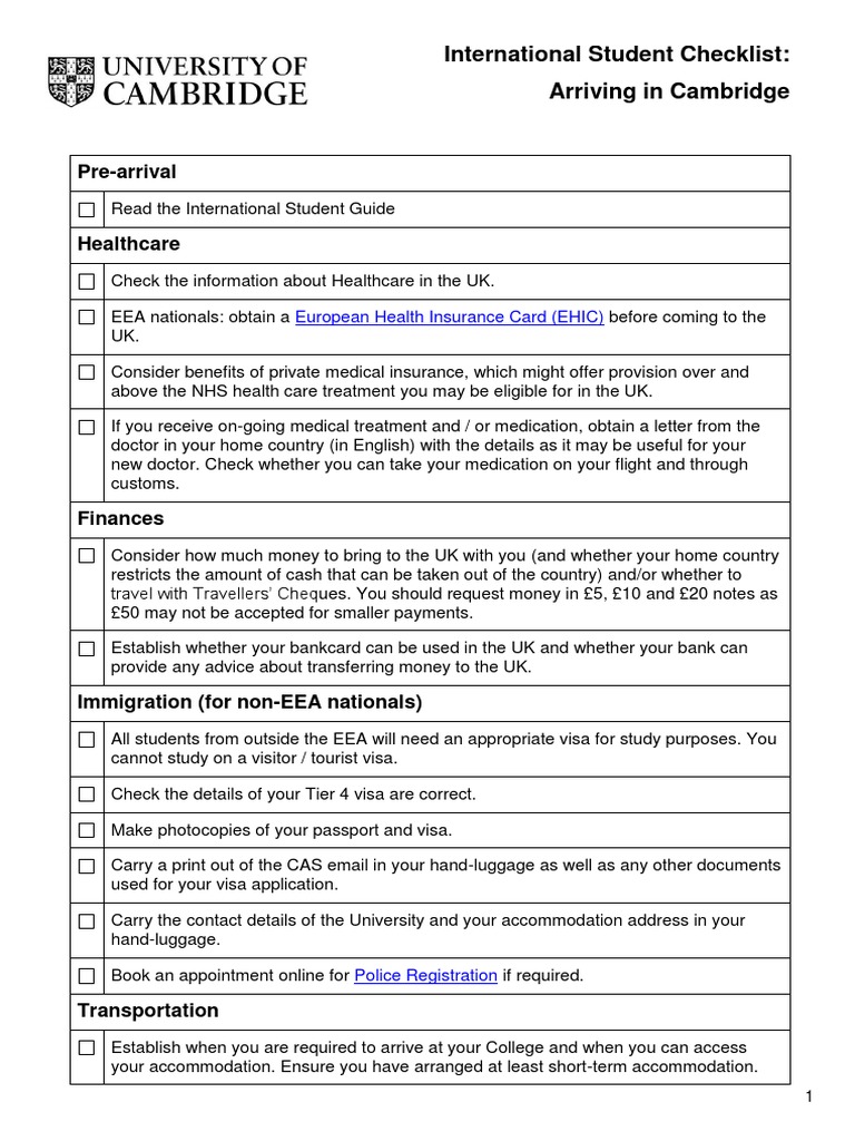 Arriving Checklist July2014 1 | PDF | Travel Visa | Service Industries