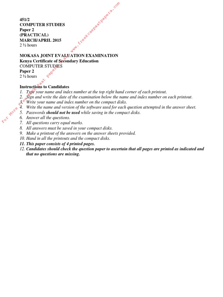 2 Hours: 451/2 Computer Studies Paper 2 (Practical) March/April 2015 ...