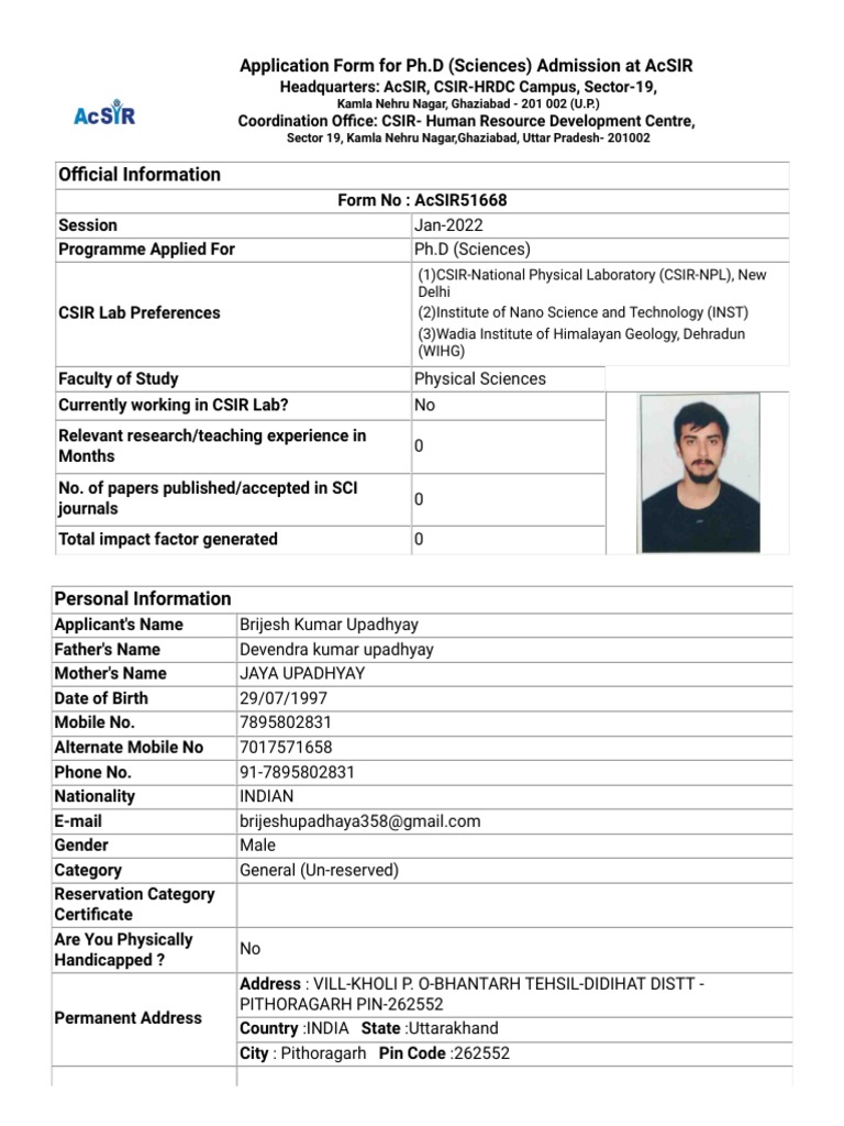 O Cial Information: Application Form For PH.D (Sciences) Admission at ...