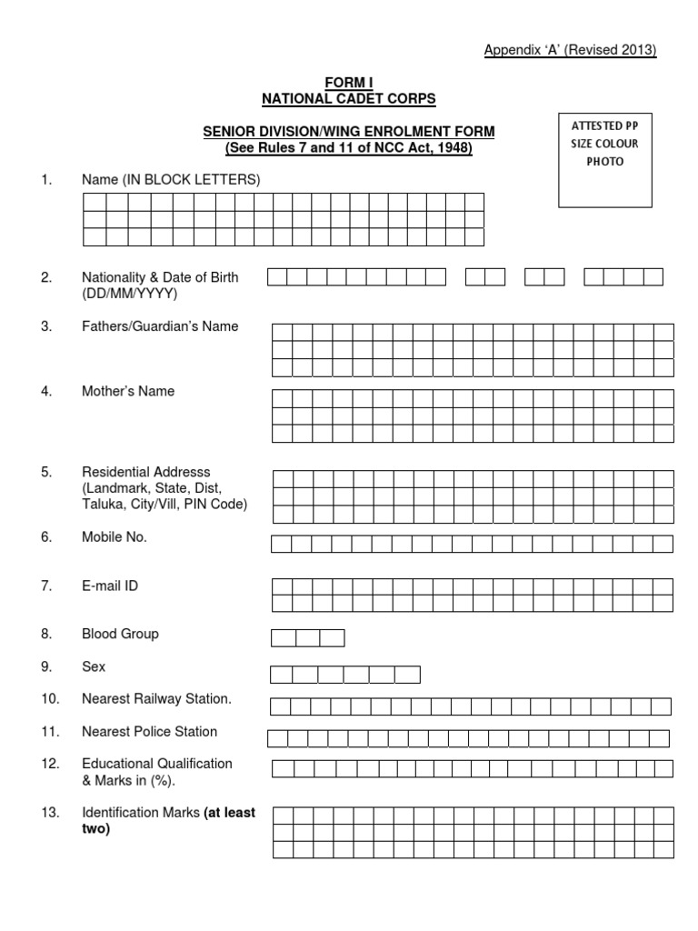 Form I National Cadet Corps Senior Division/Wing Enrolment Form (See ...