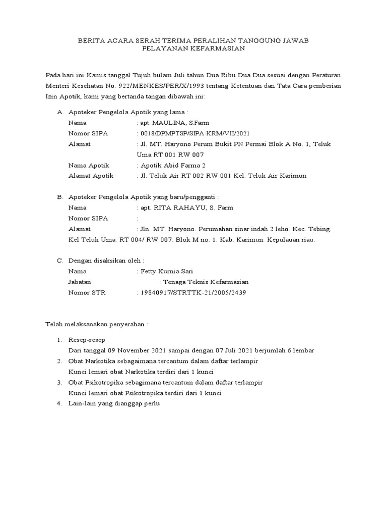 BERITA ACARA SERAH TERIMA APOTIK Abid 2 | PDF