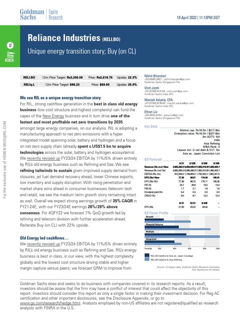 Reliance Industries RELI BO Unique Energy Transition Story Buy | PDF ...
