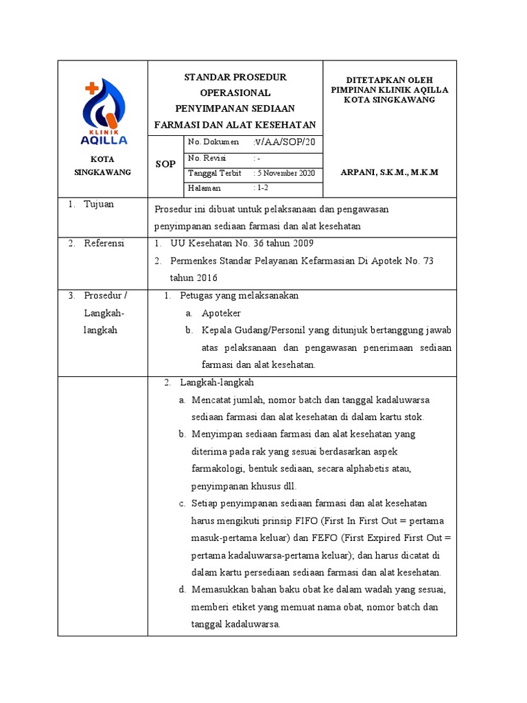 Sop Penyimpanan Sediaan Farmasi Dan Alat Kesehatan Pdf