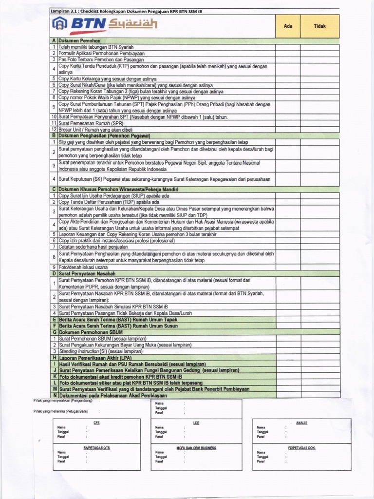 Checklist Kelengkapan Dokumen Pengajuan KPR BTN SSM Ib | PDF