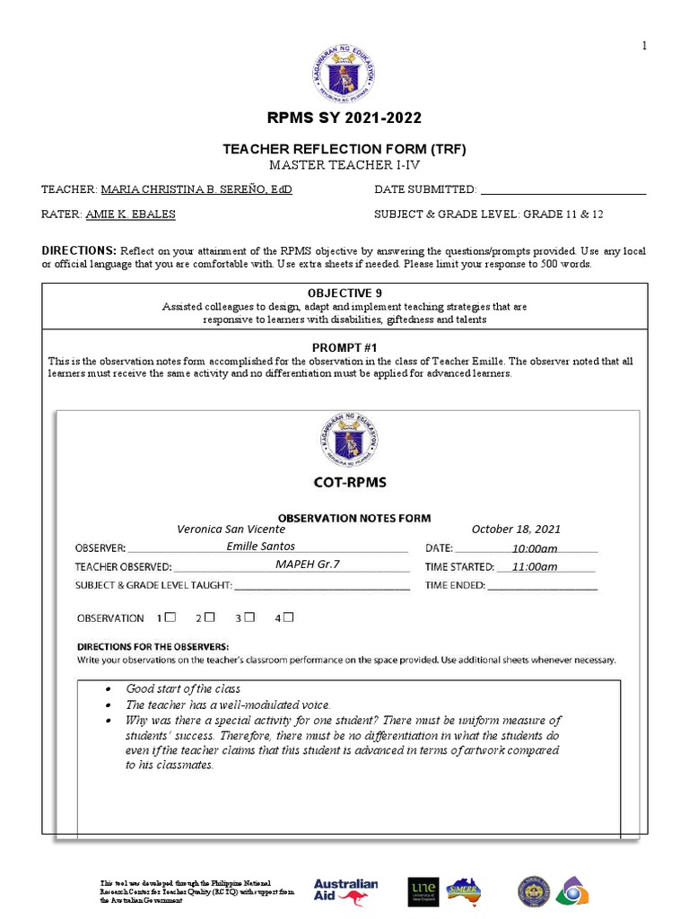 Teacher Reflection Form For MT I-IV For RPMS SY 2021-2022 With ANSWER ...