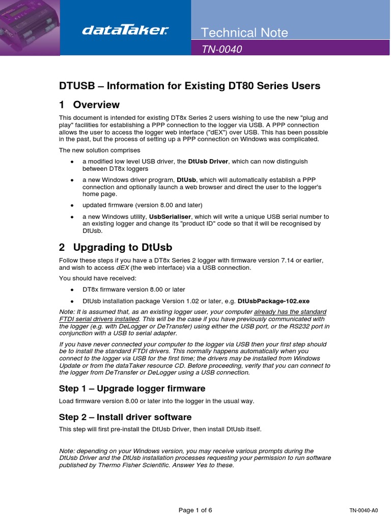 Technical Note: DTUSB - Information For Existing DT80 Series Users 1 ...