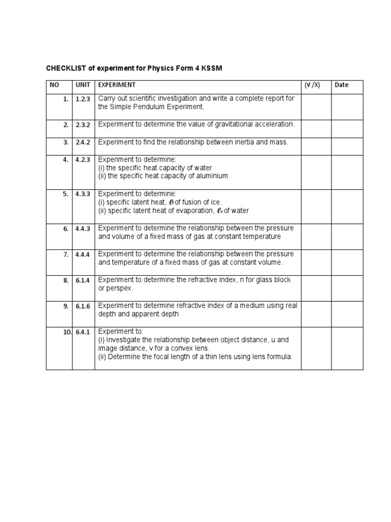 CHECKLIST of Experiment For Physics Form 4 KSSM | PDF