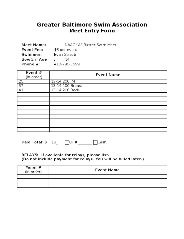 Greater Baltimore Swim Association: Meet Entry Form | PDF | Swimming ...