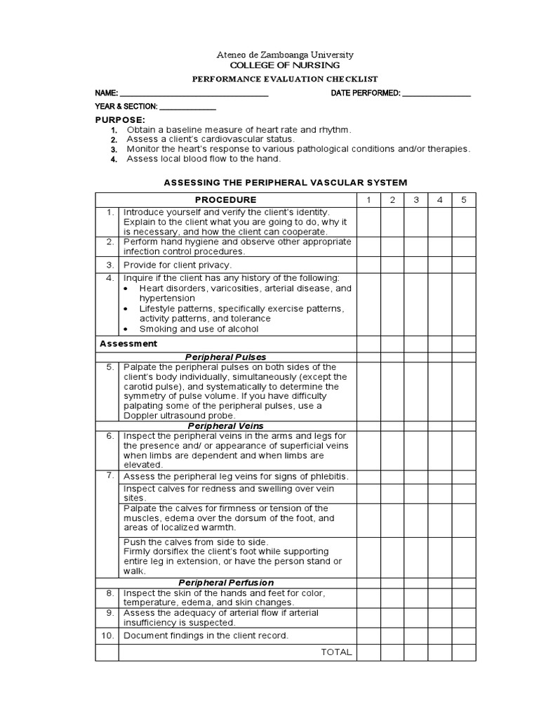 Peripheral Vascular Assessment Checklist | PDF | Vein | Pulse