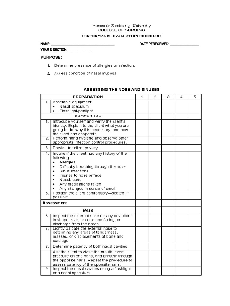 Nose and Sinus Assessment Checklist | PDF | Human Nose | Face