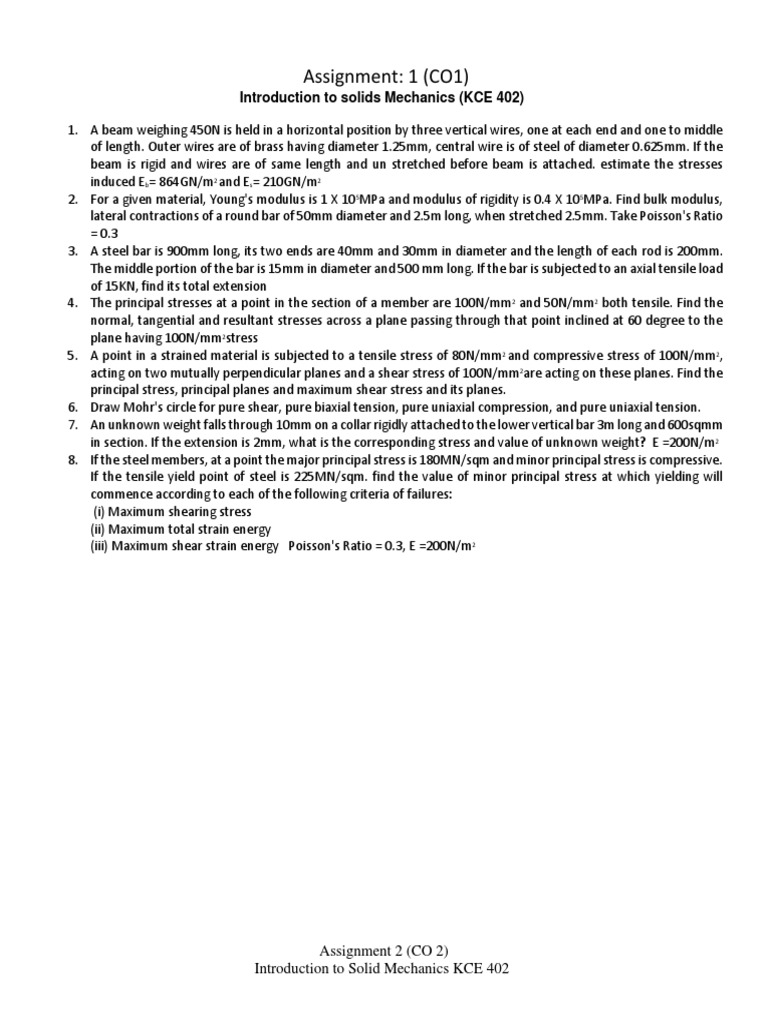 Assignment: 1 (CO1) : Introduction To Solids Mechanics (KCE 402) | PDF | Stress (Mechanics ...