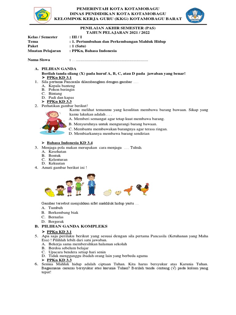 Soal PAS Kelas 3 Semester 1 (2021-2022) | PDF