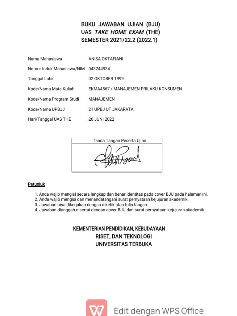 UAS Prilaku Konsumen Anisa Oktafiani 043244934 | PDF | Ilmu Sosial