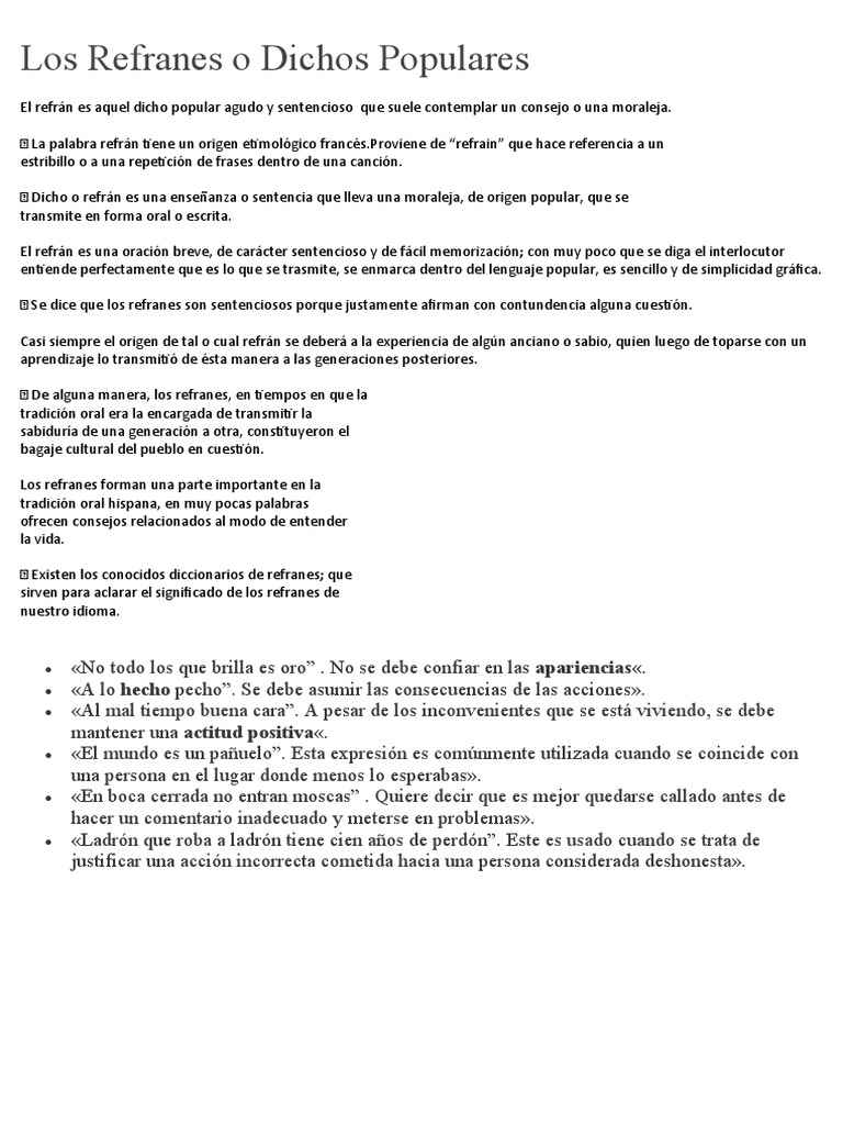 Refranes: Sabiduría Popular Breve | PDF