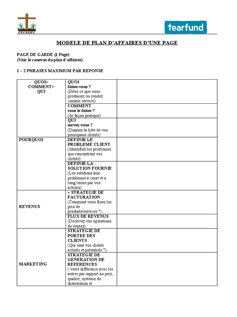Formulaire Du Plan D'affaire | PDF | Plan d'affaires | Business