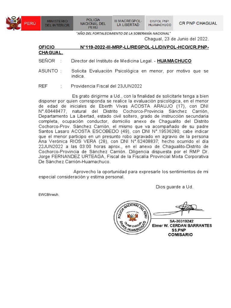 Oficio Evaluacion Psicologica | PDF