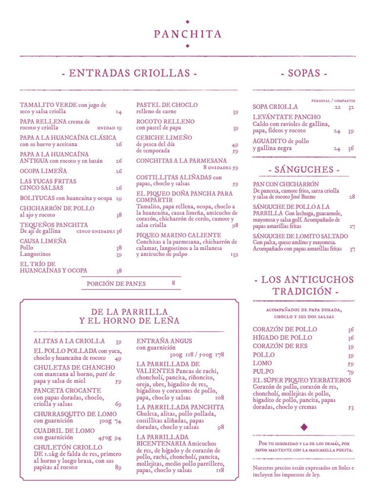 Menú del Restaurante Panchita | PDF | Cocina, comidas y vino