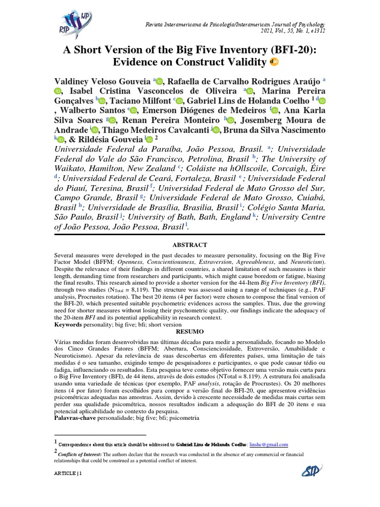 A Short Version of The Big Five Inventory (BFI-20) : Evidence On ...